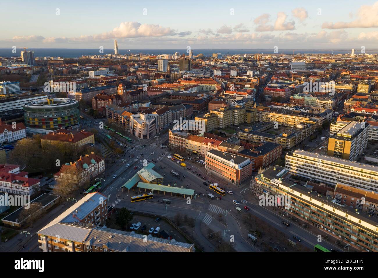 Sweden, Scania, Malmo, Aerial view of city downtown at dusk Stock Photo ...