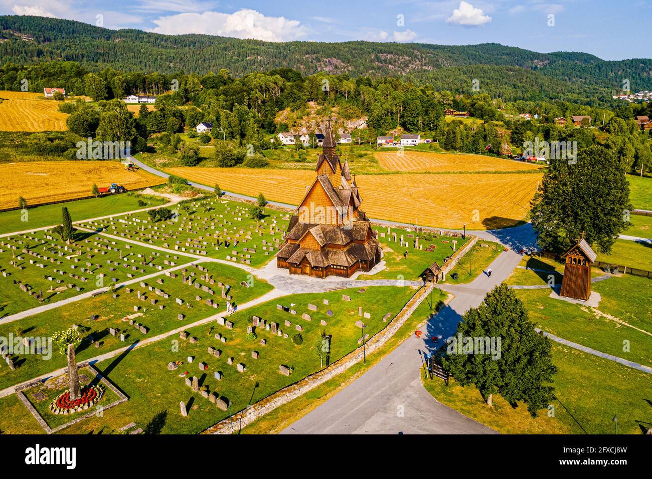 Aerial view of heddal stave church and surrounding cemetery hi-res ...