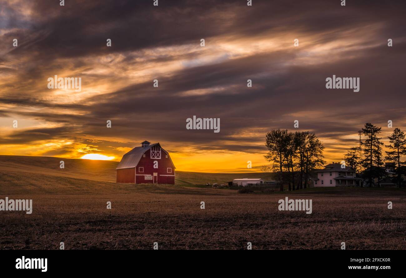 Picturesque Red Barn under sunset in Palouse Washington Stock Photo - Alamy