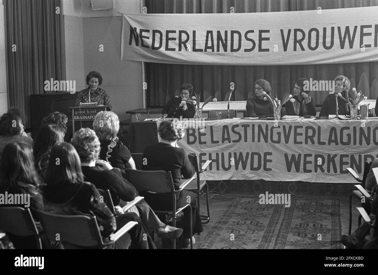 Overview of meeting room, January 18, 1974, banners, meetings, The ...