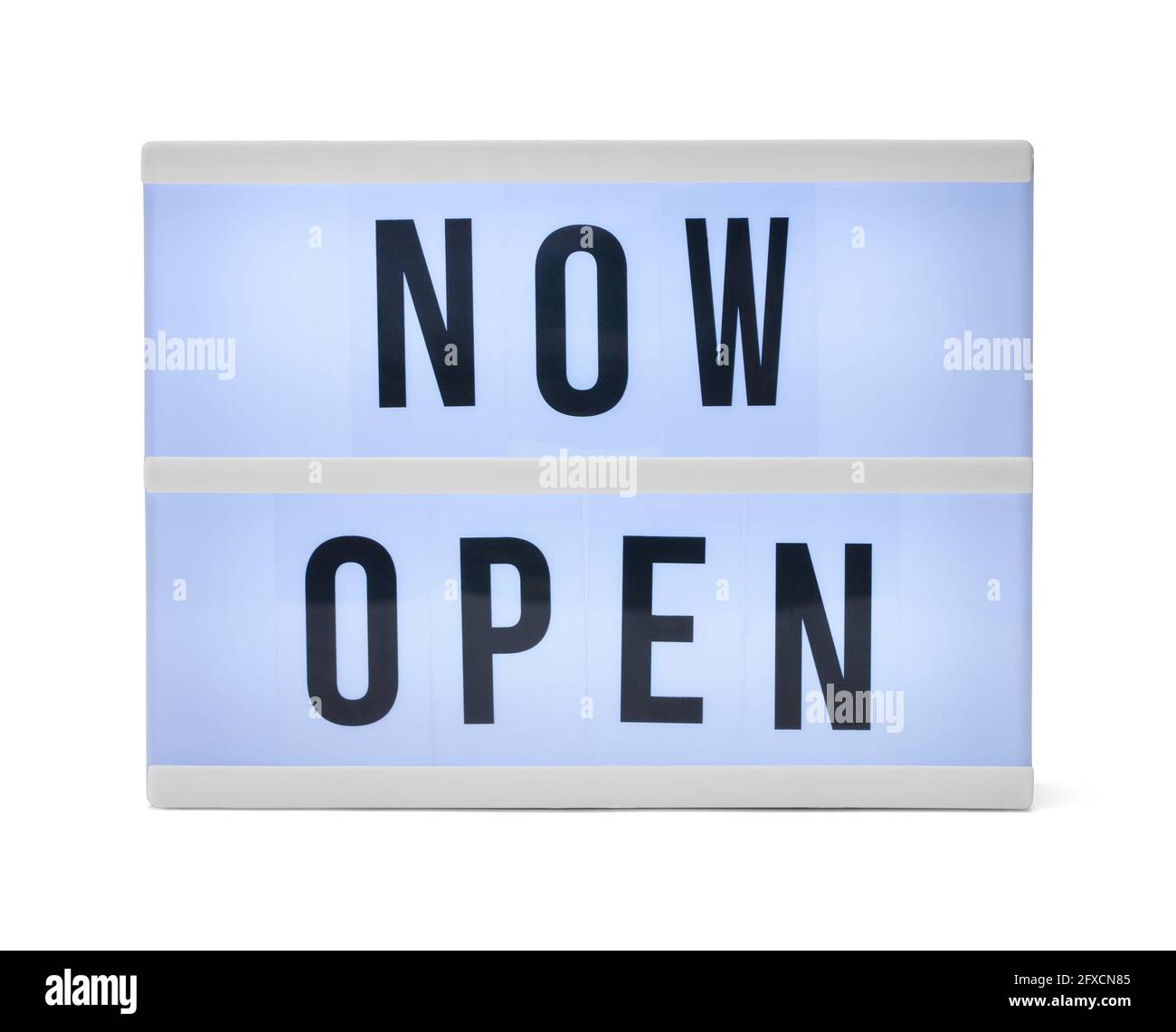 Plastic Now Open Sign Cut Out on White Stock Photo - Alamy