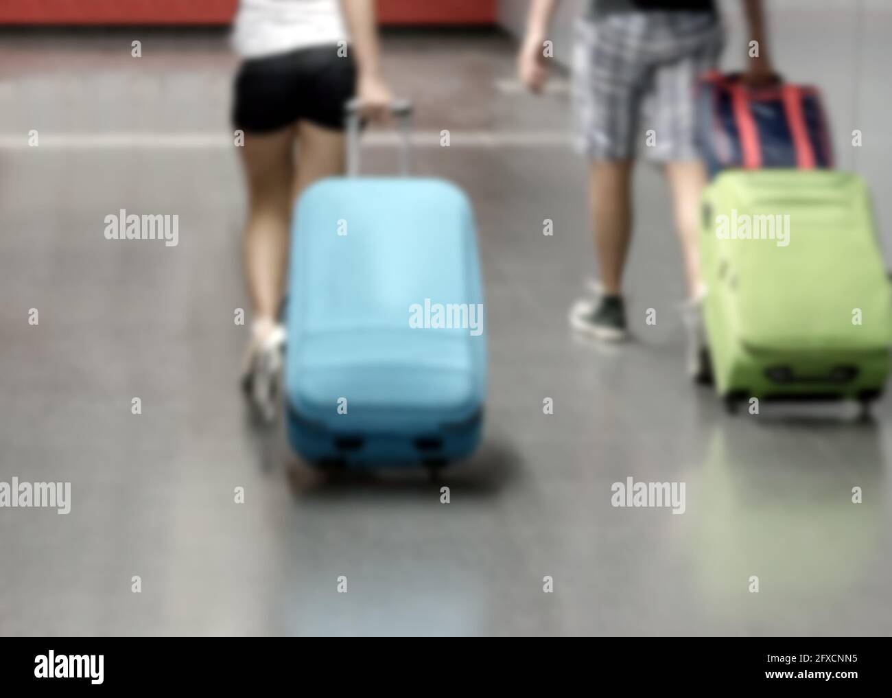 Travel luggage case suitcases wheels. Happy tourist woman and young ...