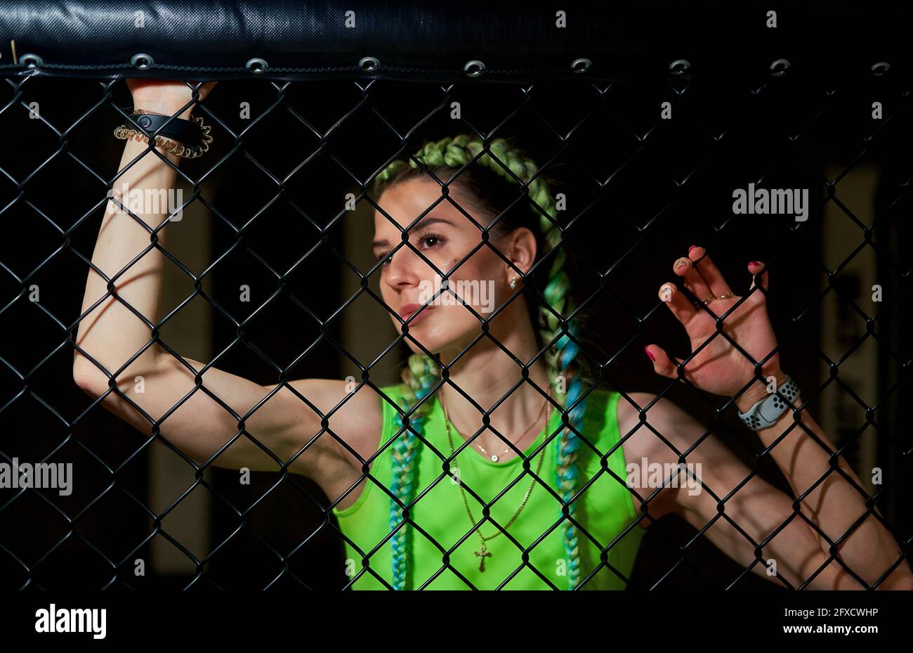 Boxing ring girl poses before a fight in the arena of the octagonal ...