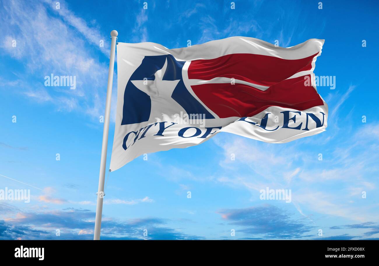 flag of Allen, Texas at cloudy sky background on sunset, panoramic view ...