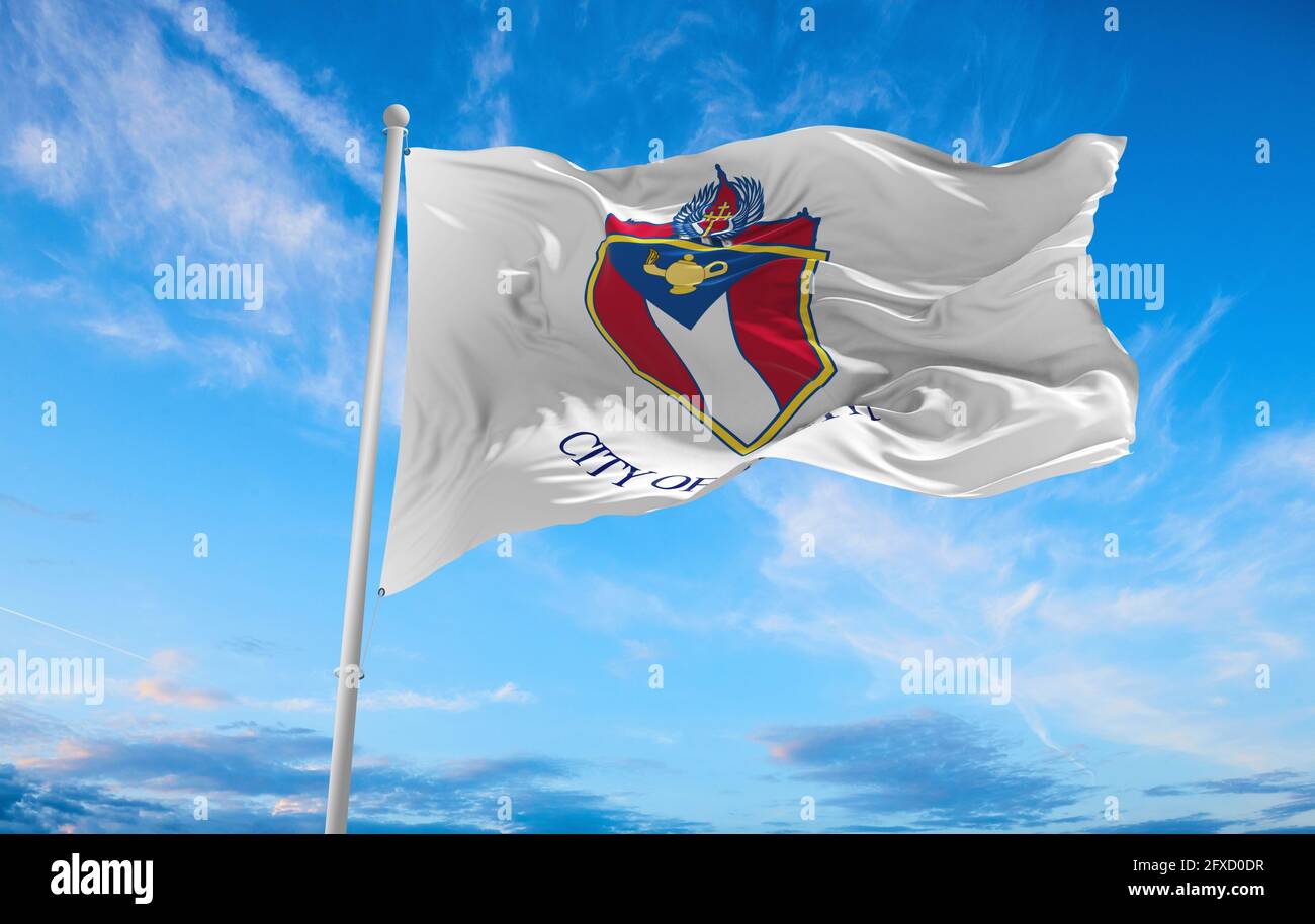 flag of Austin, Texas at cloudy sky background on sunset, panoramic ...