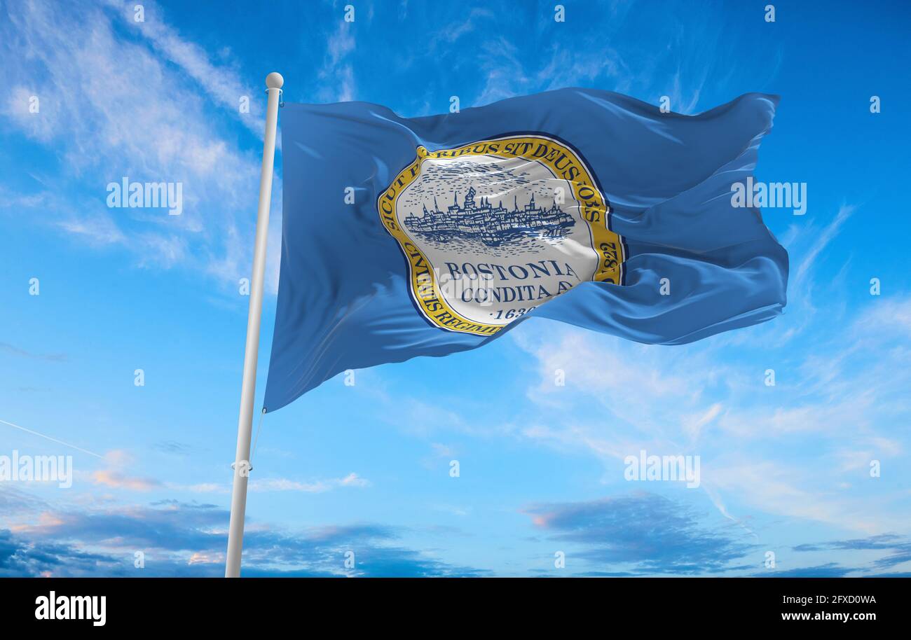 flag of Buffalo, New York at cloudy sky background on sunset, panoramic ...