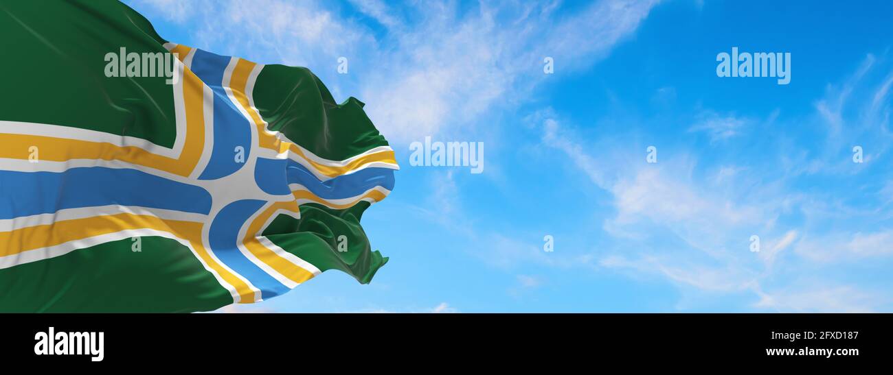 flag of Portland, Oregon at cloudy sky background on sunset, panoramic ...