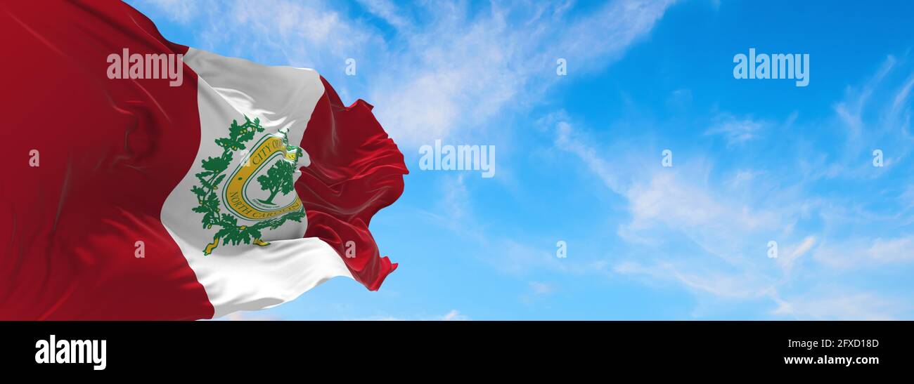 flag of Raleigh, North Carolina at cloudy sky background on sunset ...