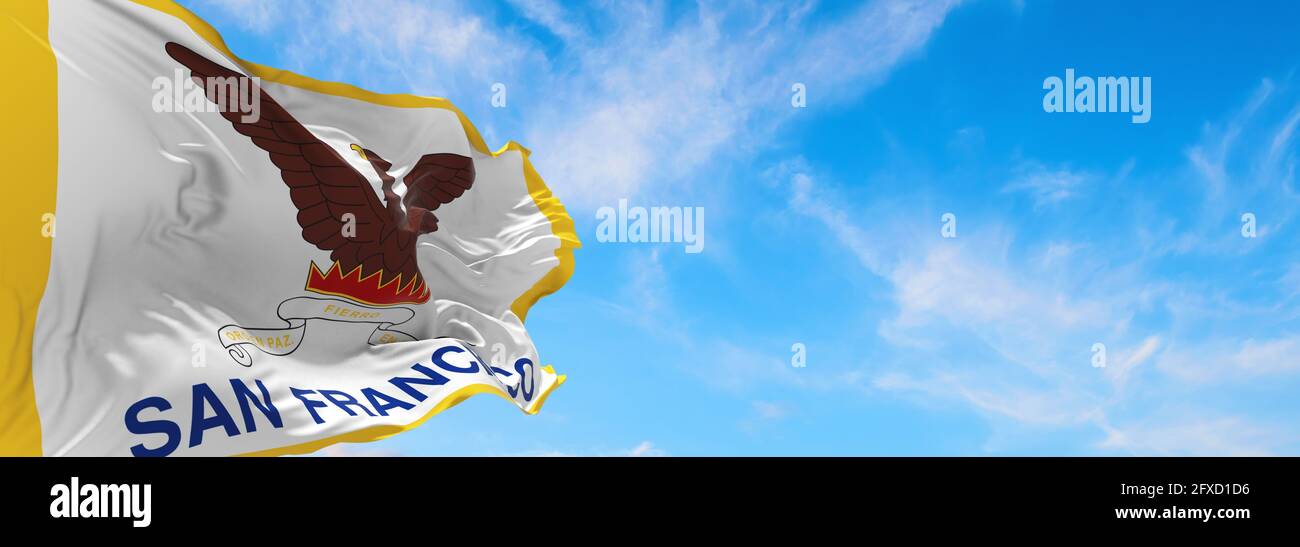 flag of San Francisco at cloudy sky background on sunset, panoramic ...