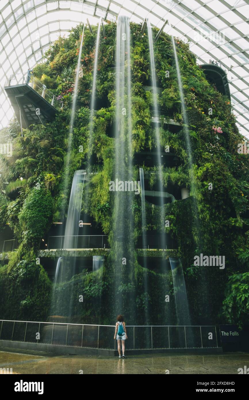 Young woman looking at the falls inside the Flower Dome in Singapore ...