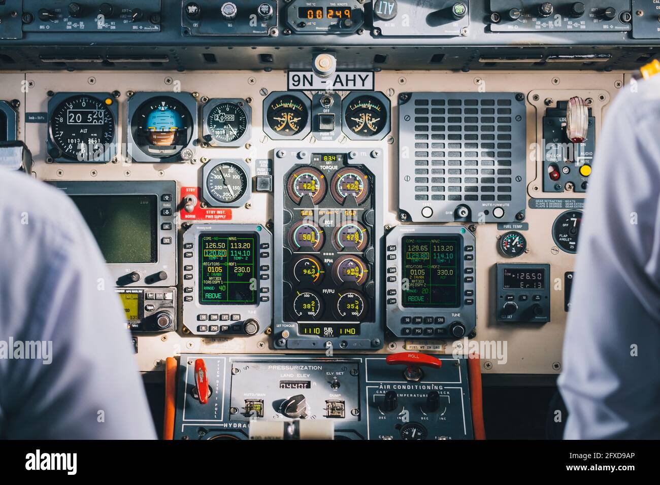 Interior of prop plane flying over to the Himalaya mountains from ...