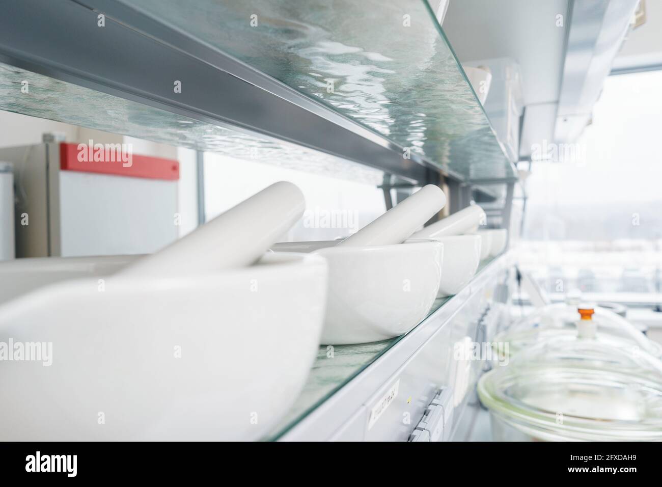 Empty test containers on shelves in a science laboratory Stock Photo ...