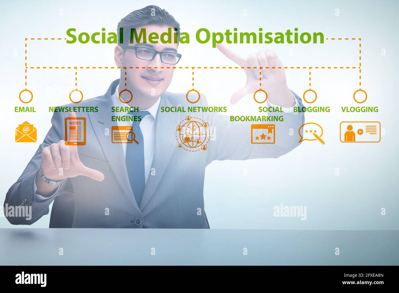 Social media optimisation concept with the businessman Stock Photo - Alamy