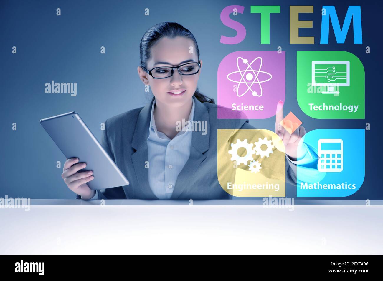 Businesswoman pressing virtual buttons in the STEP education concept ...