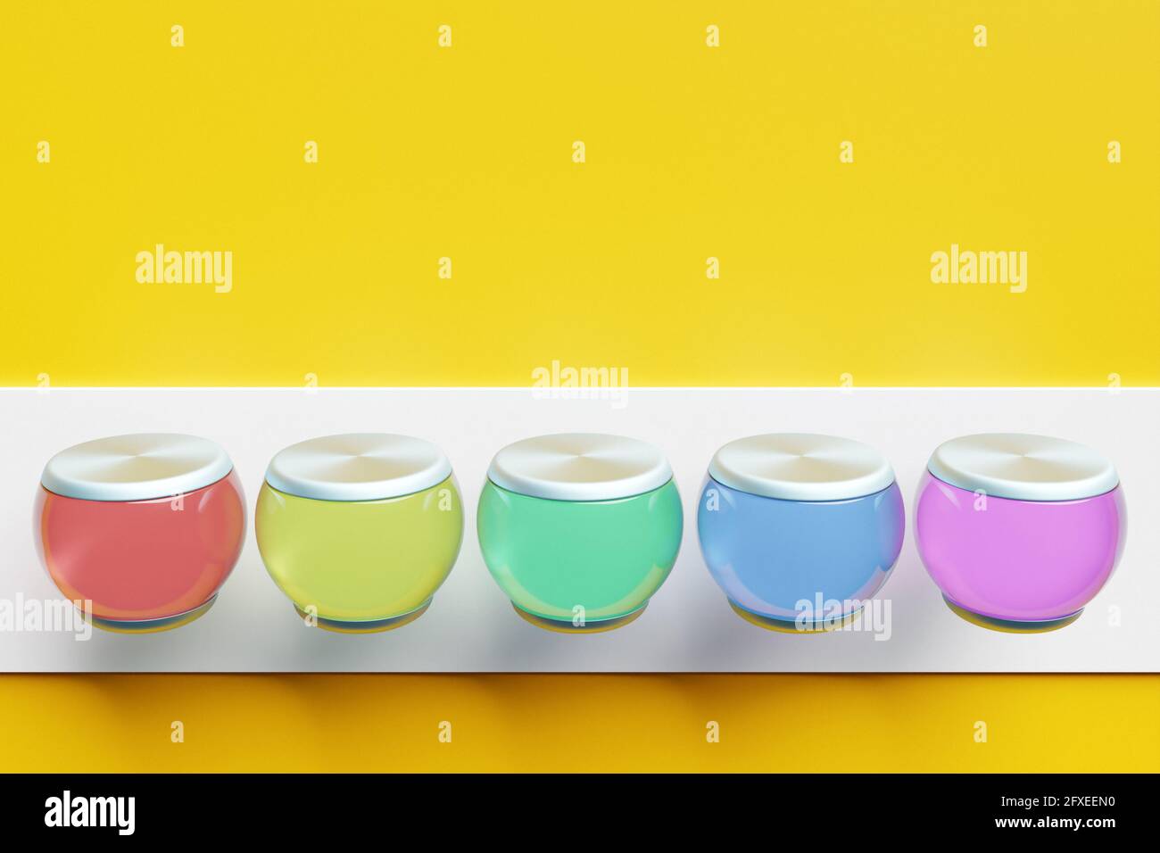 3D illustration of five multi-colored transparent glass jars with lids ...