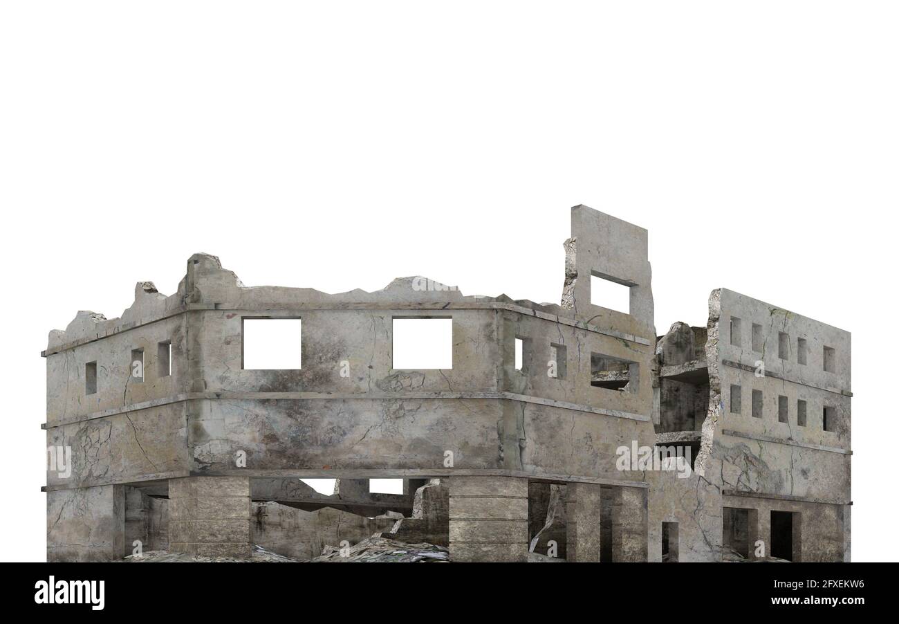 3D illustration ruined city building isolated on white Stock Photo - Alamy