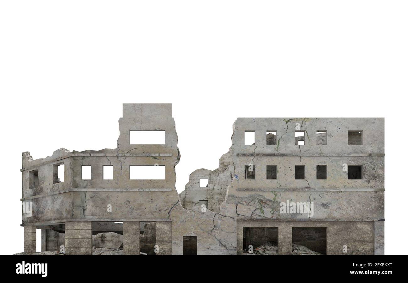 3D illustration ruined city building isolated on white Stock Photo - Alamy