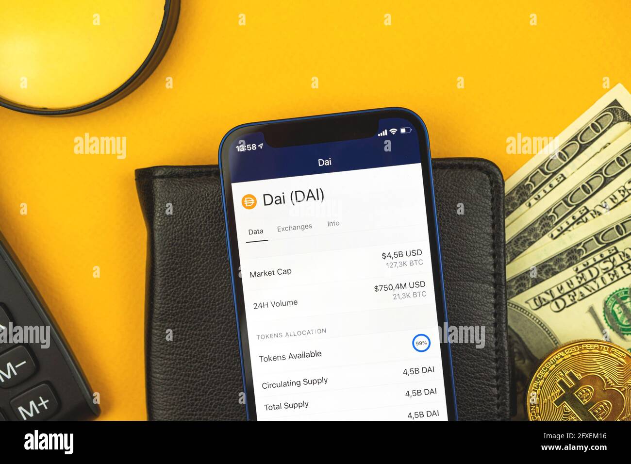 Cryptocurrency DAI logo symbol on the screen, digital virtual money and ...