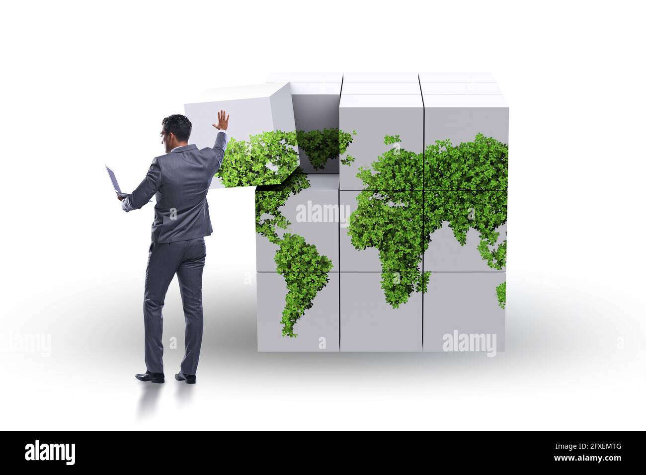 Businessman building world map from the cubes Stock Photo - Alamy