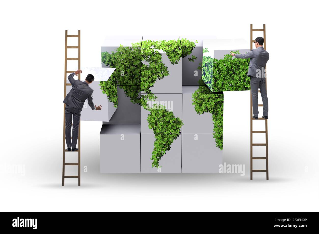 Businessman building world map from the cubes Stock Photo - Alamy