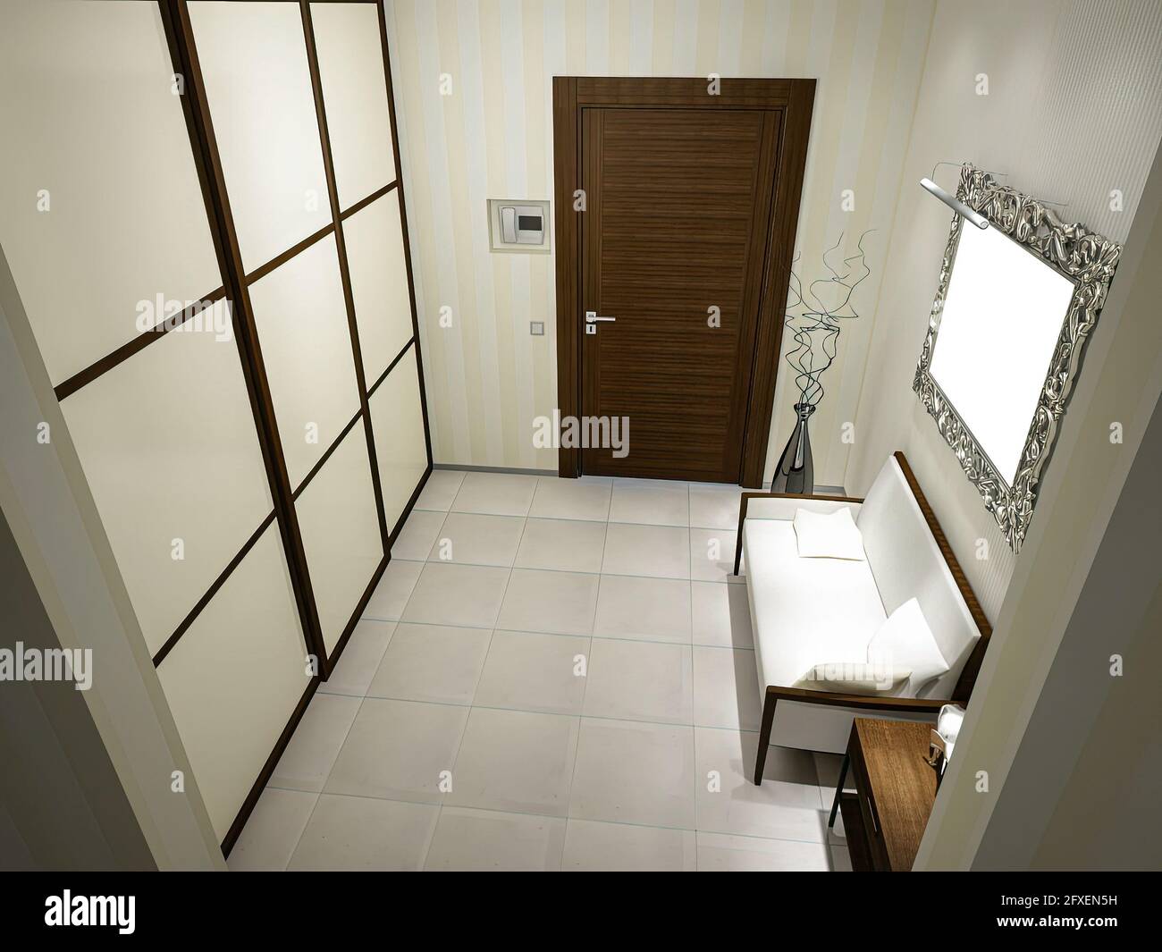 3d illustration of the interior design of an apartment hall in a modern ...