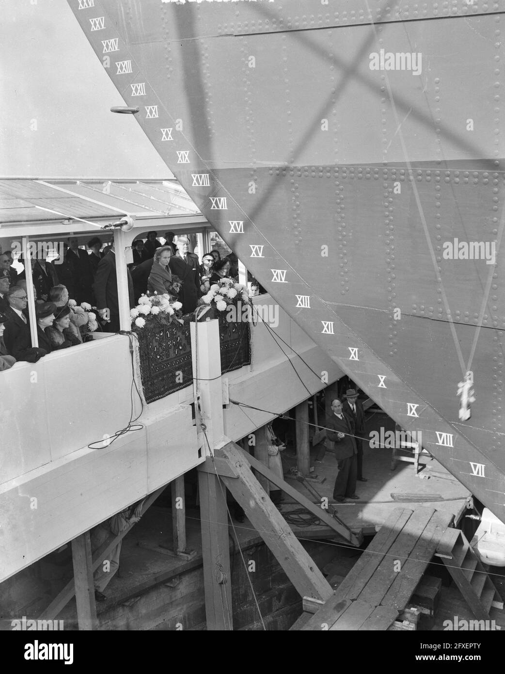 Launching Swedish ship Kungsholm. Princess Sybilla of Sweden christens ...