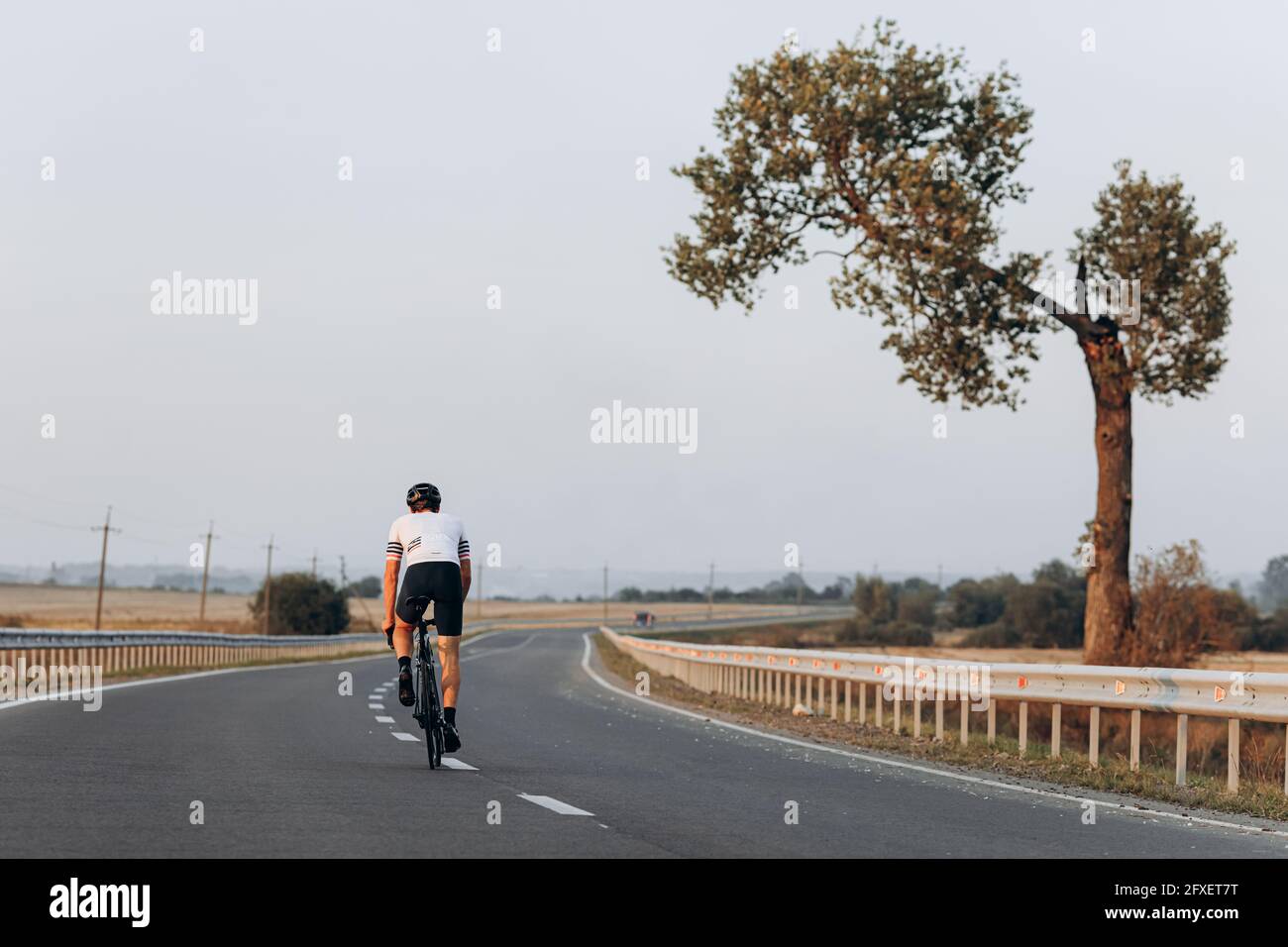 Back view of young cyclist riding on paved road Stock Photo - Alamy