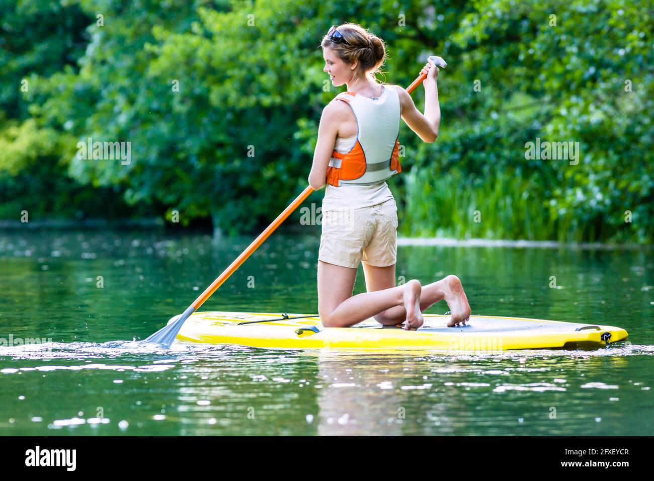 Woman paddling with surfboard sup on forest river Stock Photo - Alamy