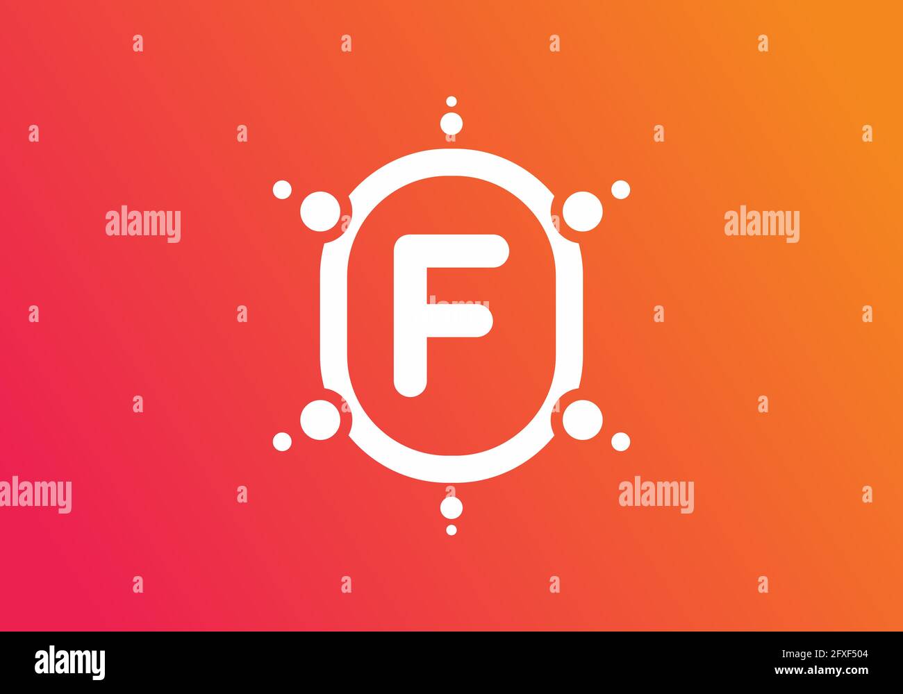 Orange pink gradient color of F initial letter in oval frame design ...