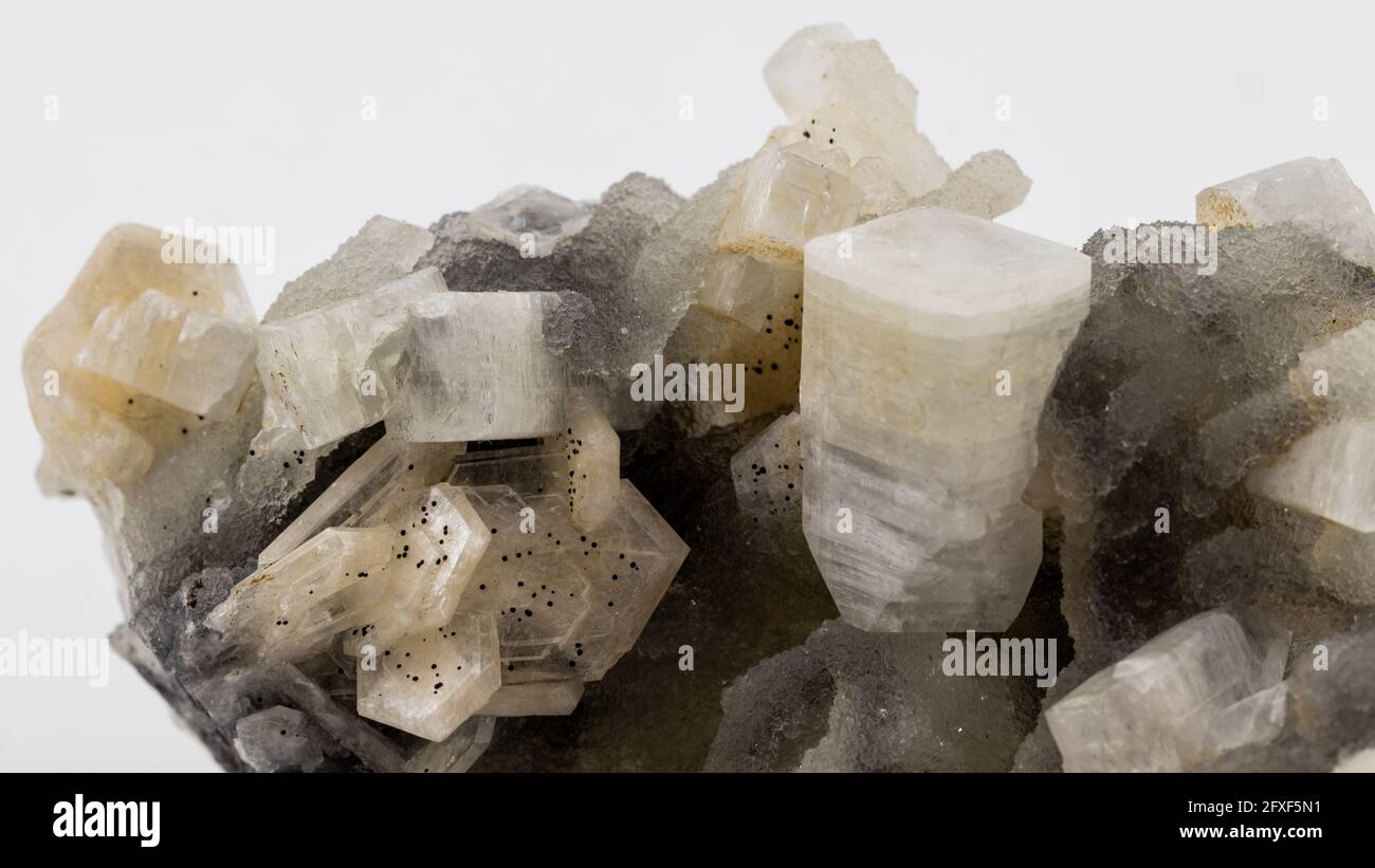 Mineral sample of several tipology of crystals on a white background ...