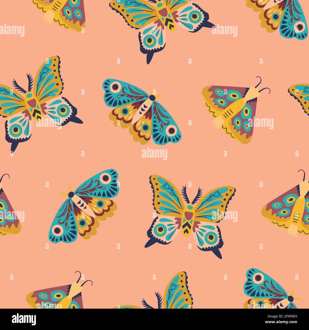 Cute seamless pattern with butterflies and moths. Doodle insect in ...