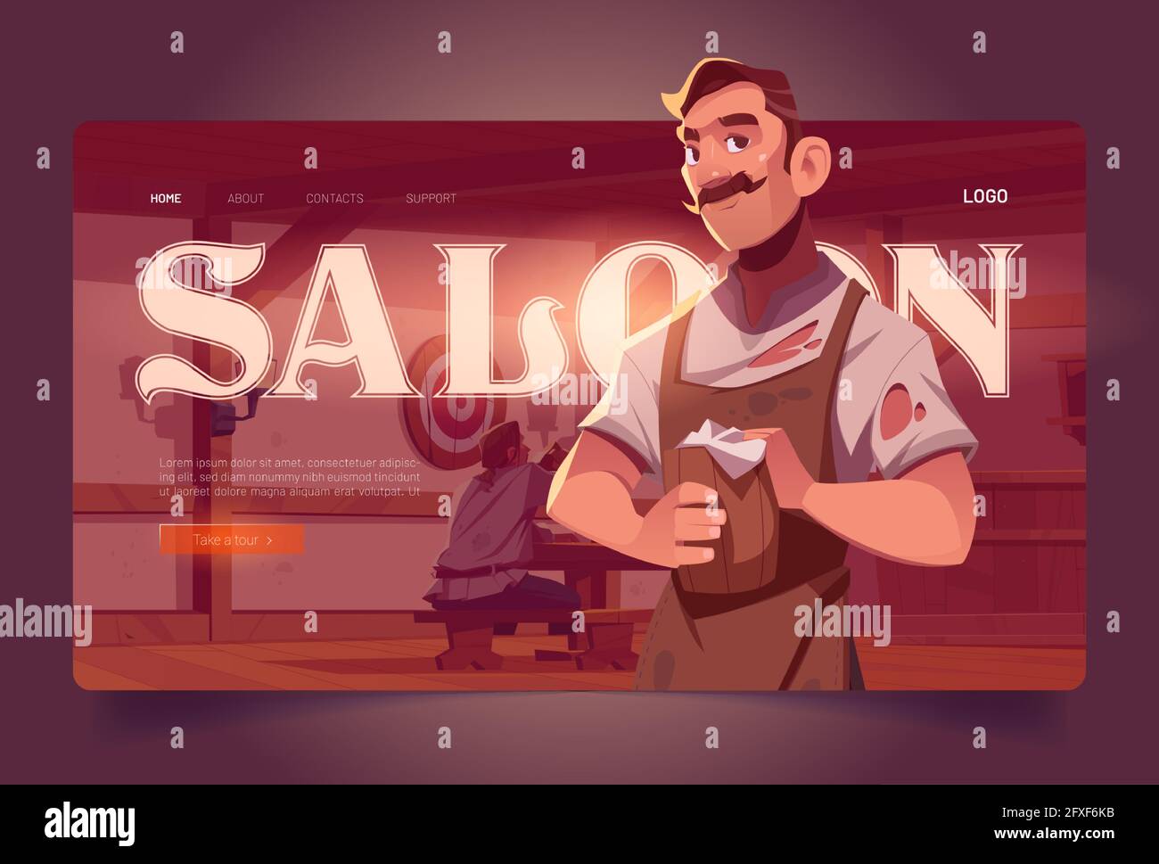 Saloon cartoon landing page, old style tavern interior with barista ...