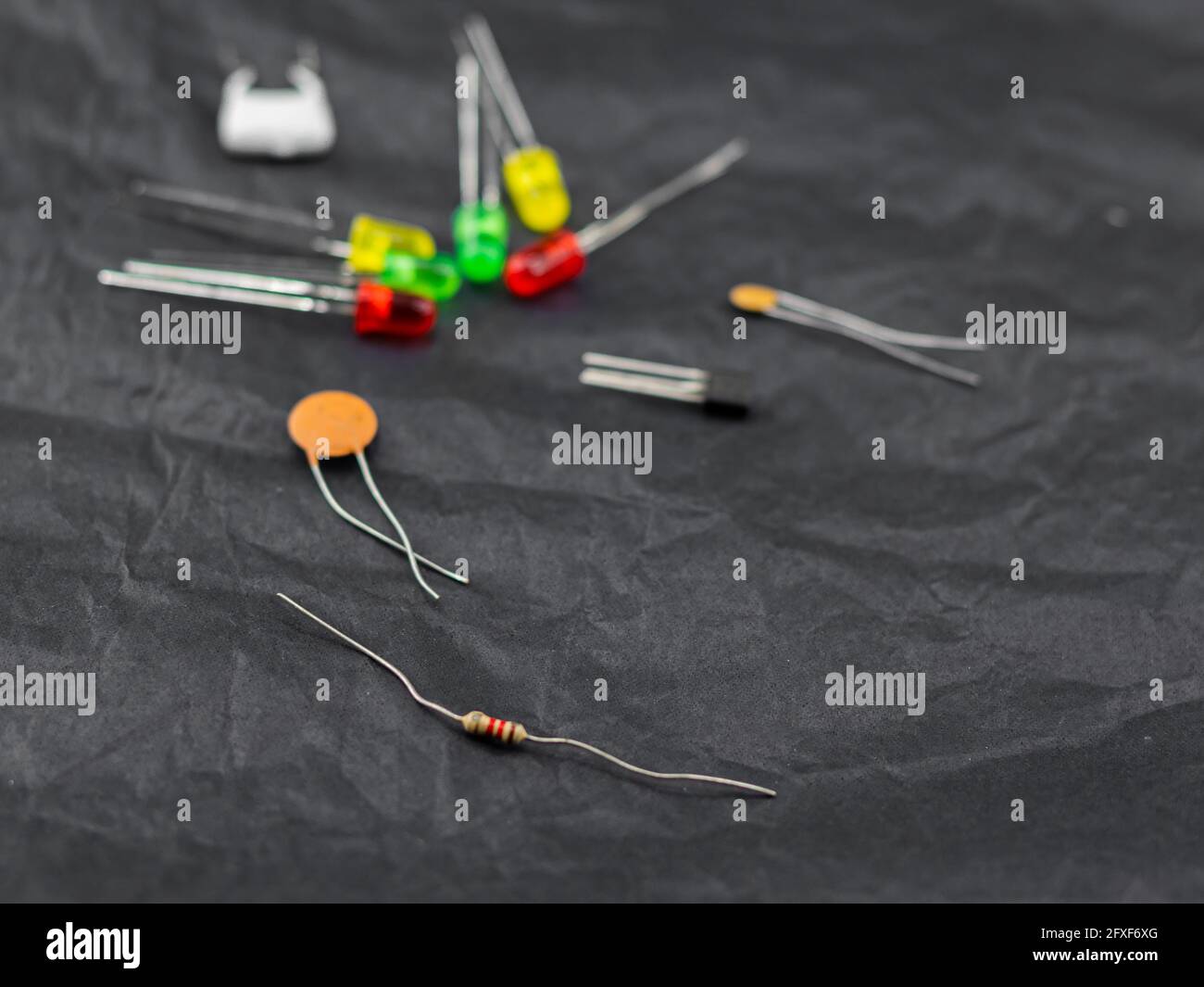 Electronic components, technology, scattered on dark background Stock ...