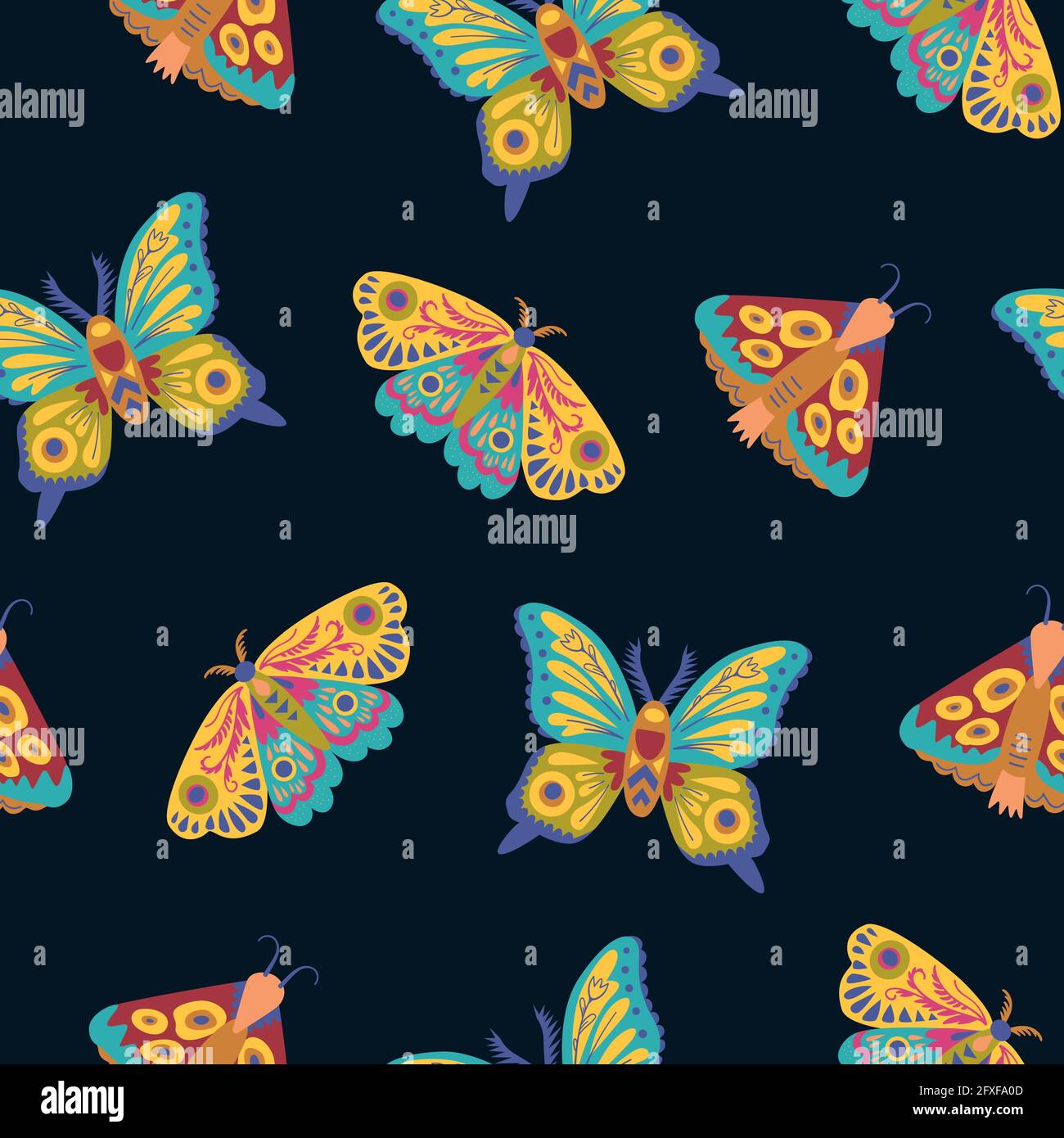 Cute seamless pattern with butterflies and moths. Doodle insect in ...