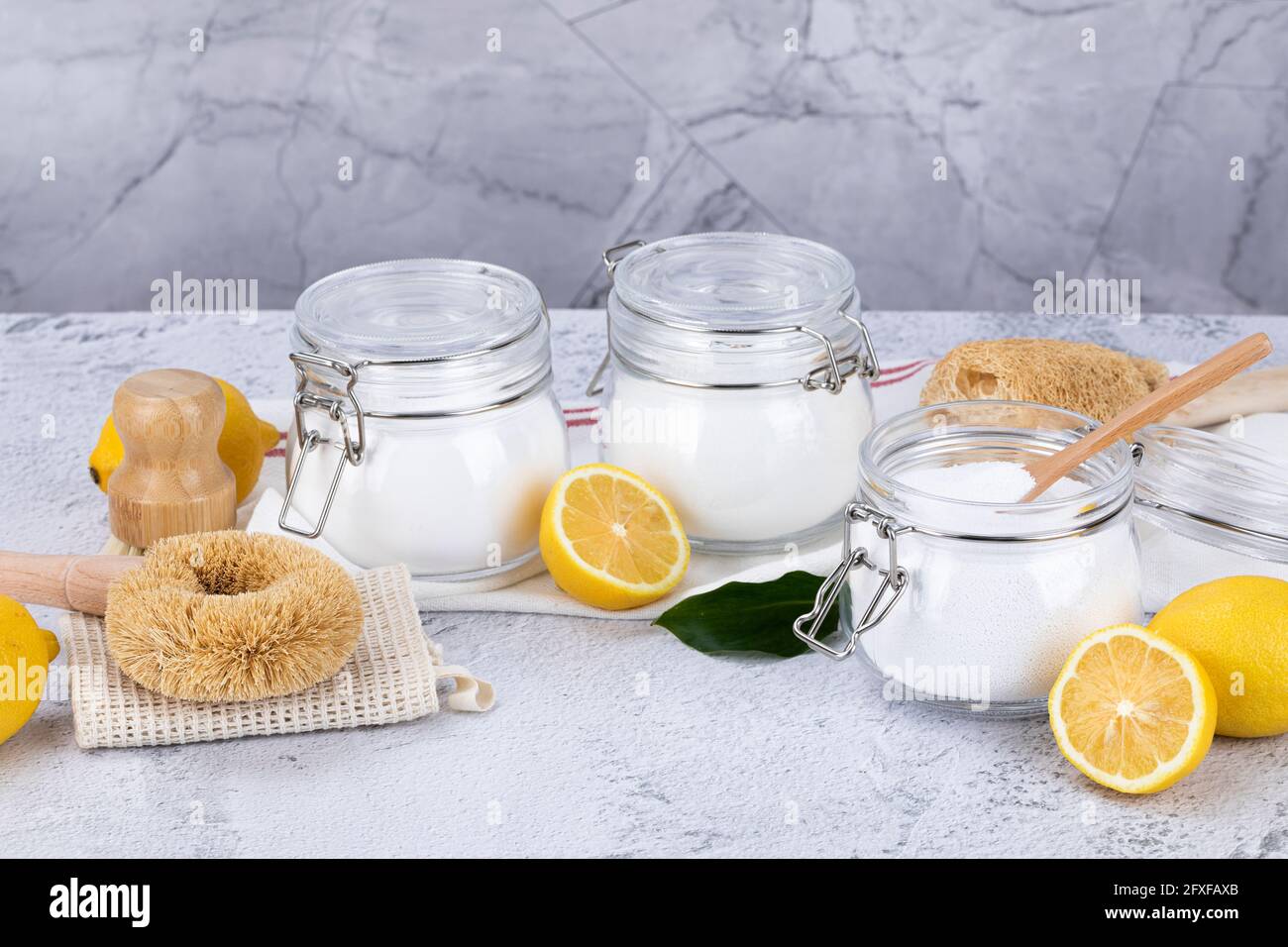 Zero waste concept, natural loofah and carbonated soda, citric acid ...