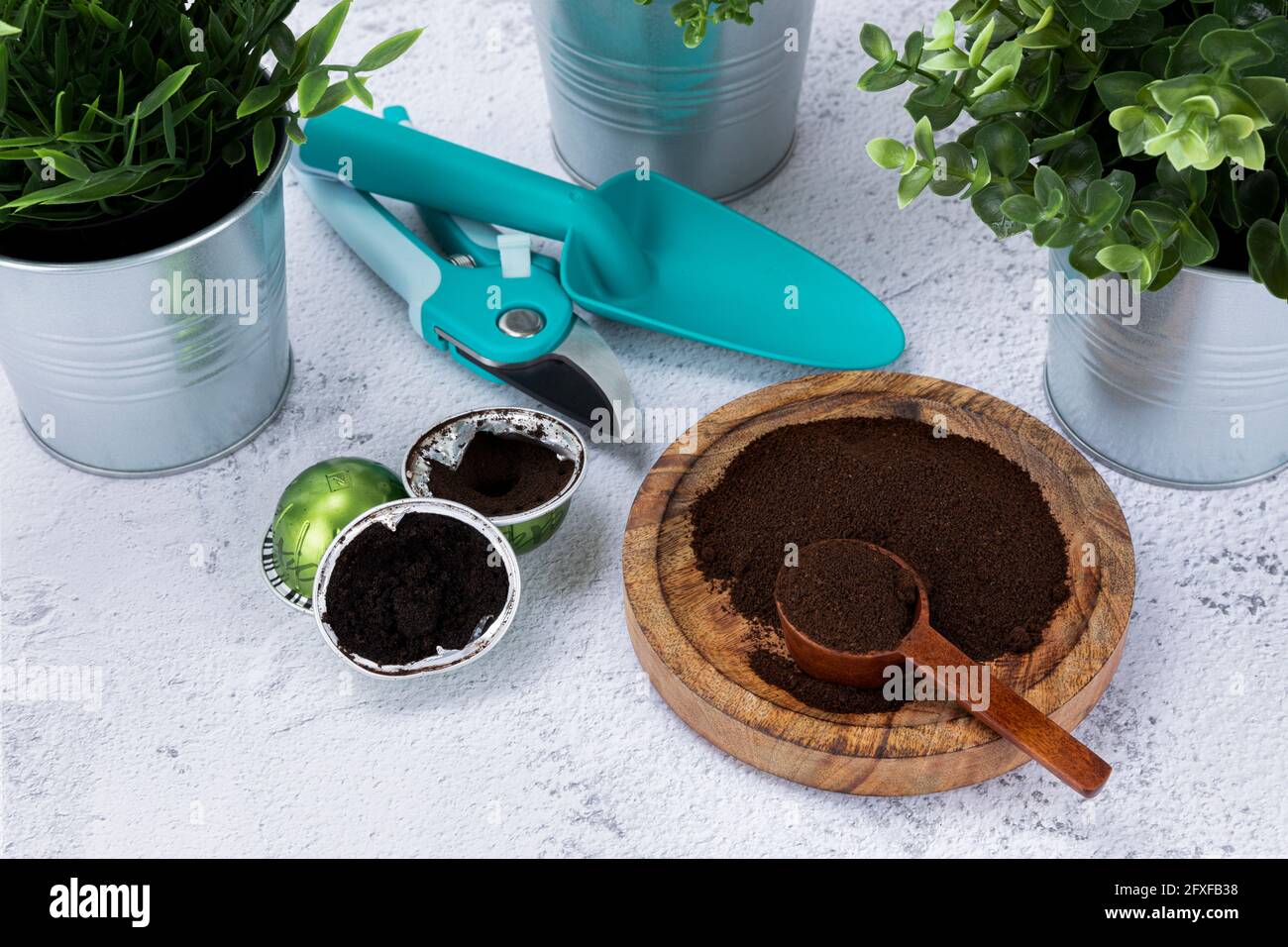 recycling coffee - wood spoon, wood bowl and capsule coffee Stock Photo ...