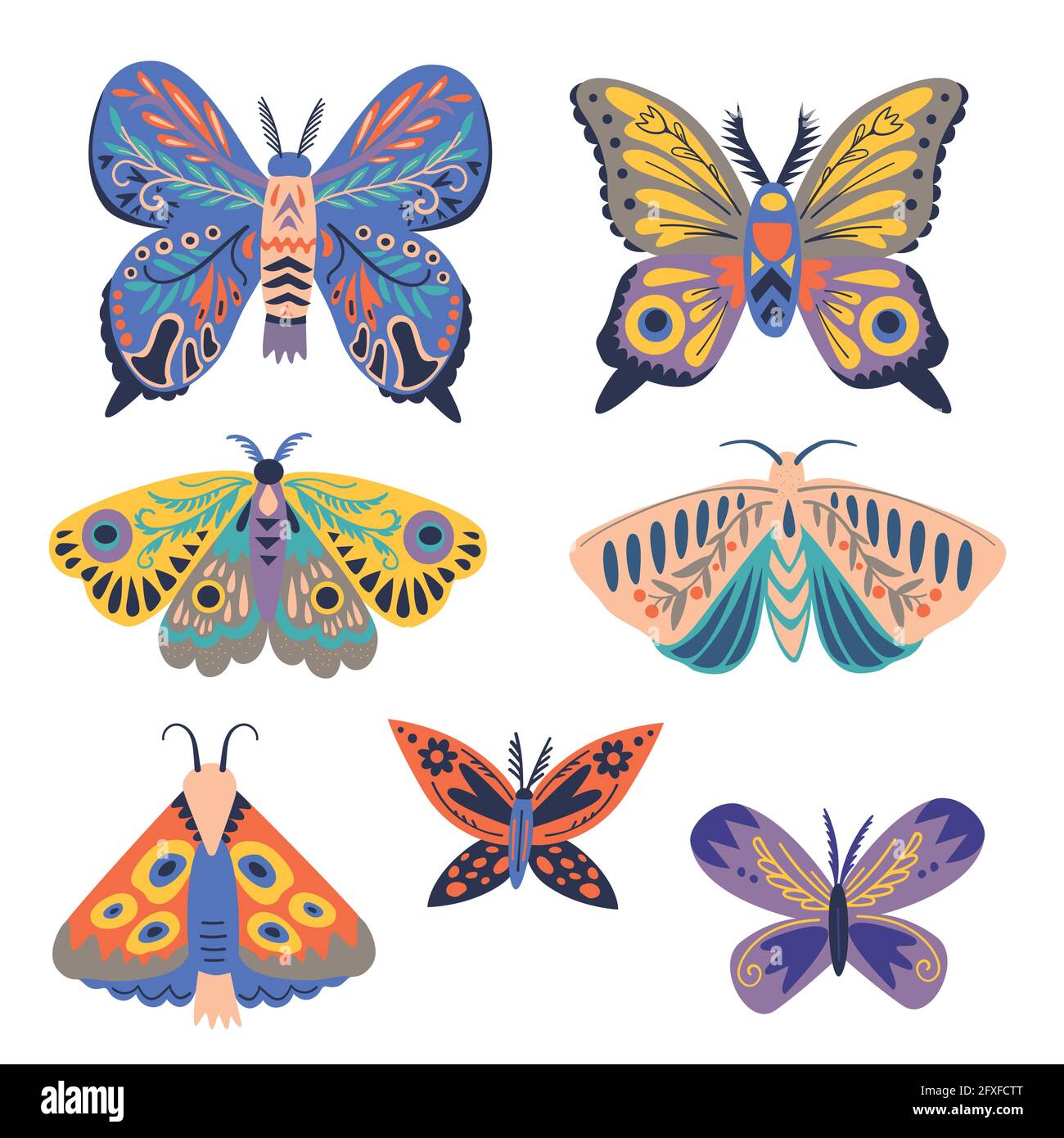 Cute abstract ornamental stylized night moths, butterflies isolated on ...