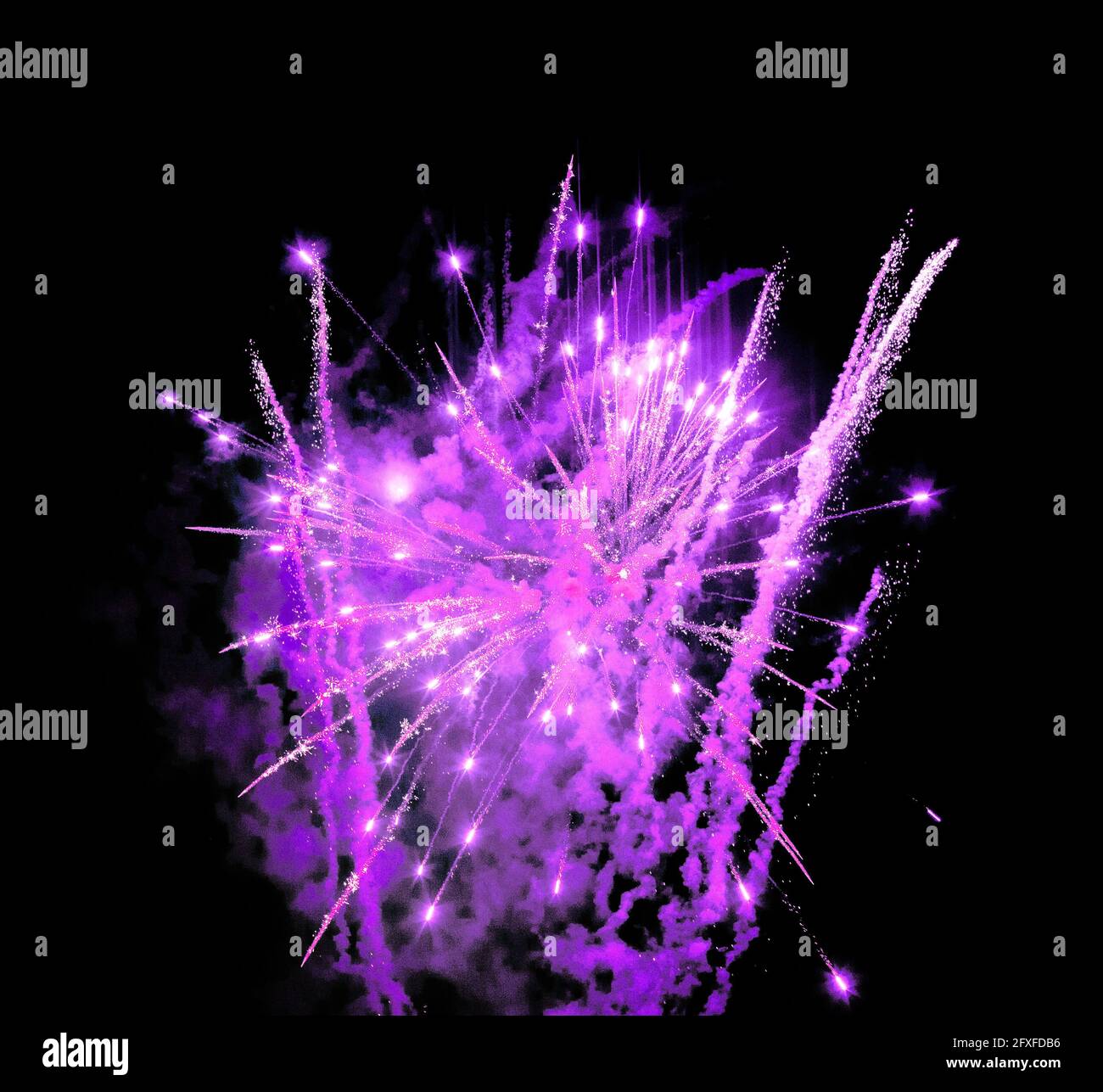 Purple fireworks display black night sky background isolated close up ...