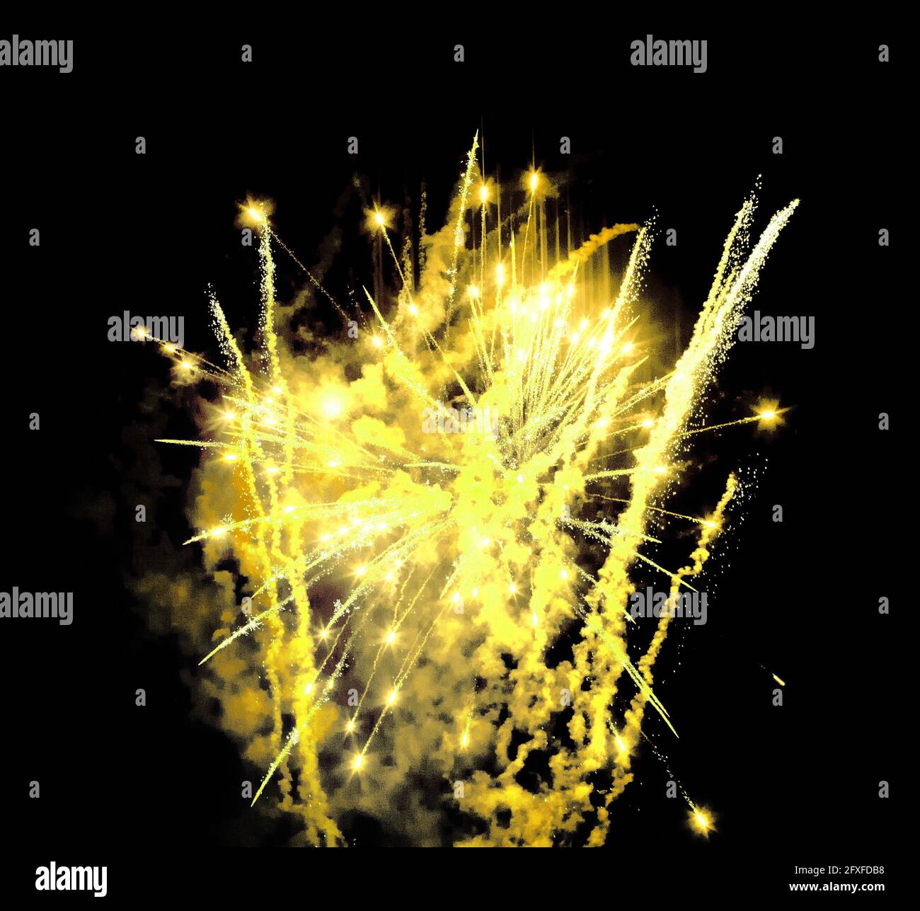 Yellow fireworks display black night sky background isolated close up ...