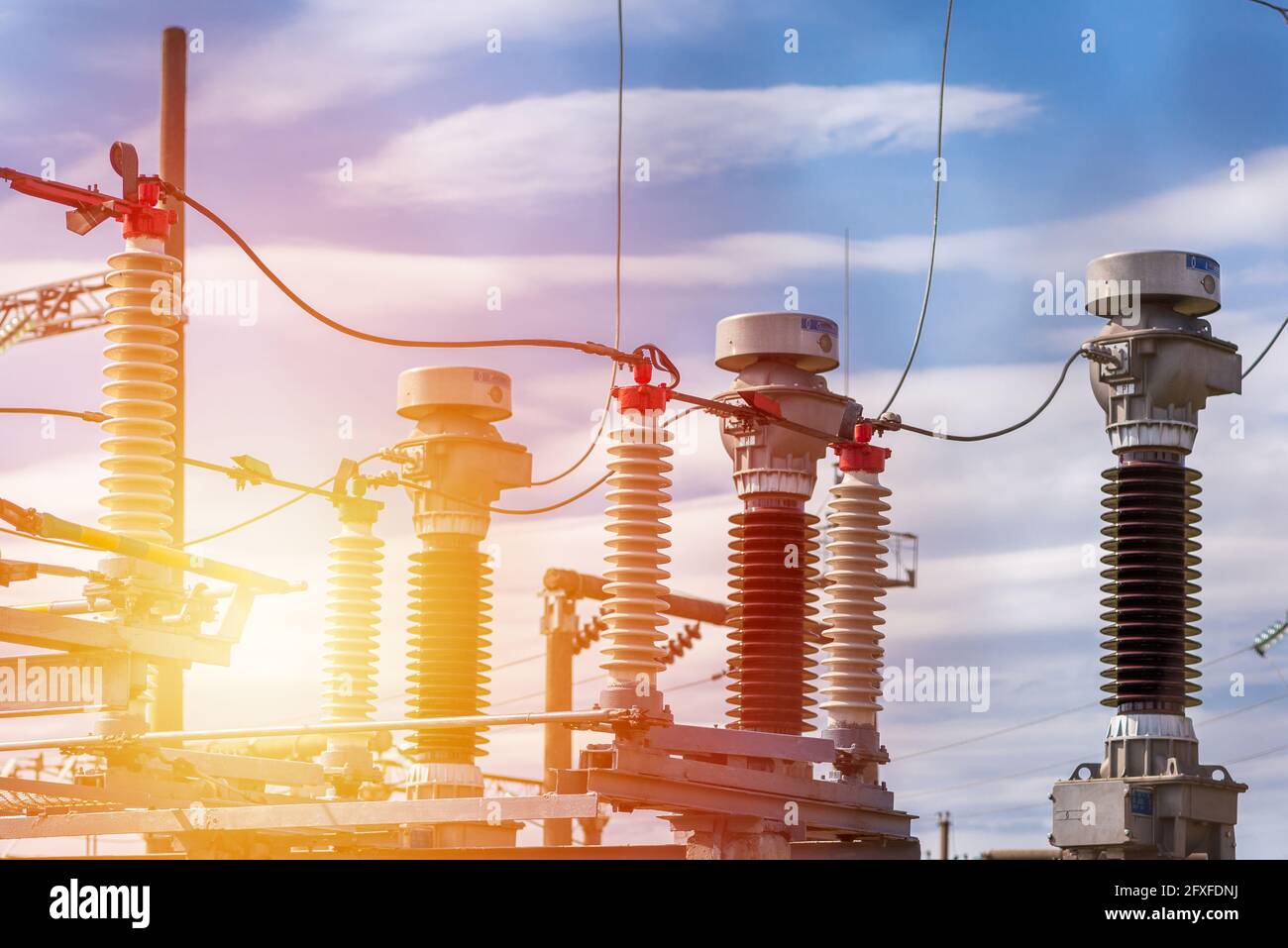 High voltage power transformer,generator electric in substation.general ...