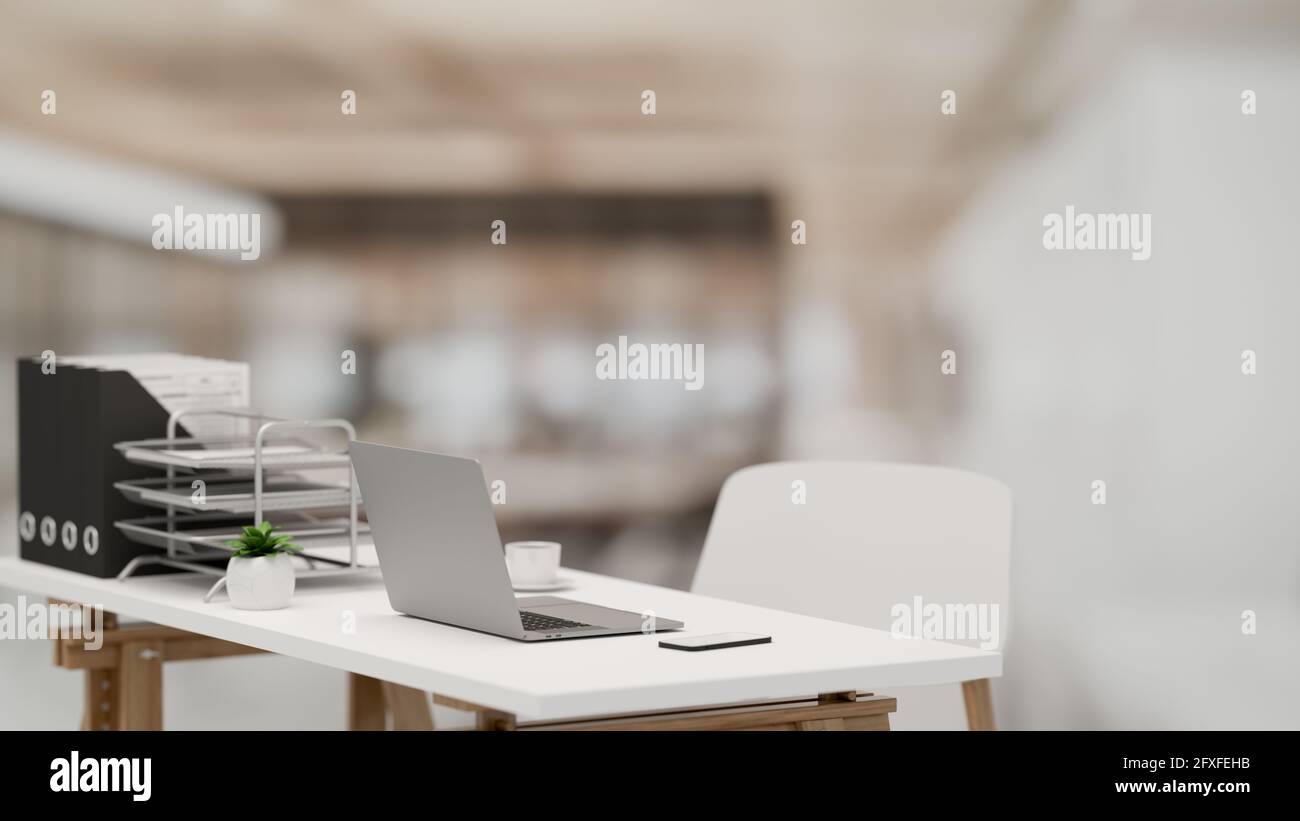 3D rendering, office interior with simple office desk with laptop and ...