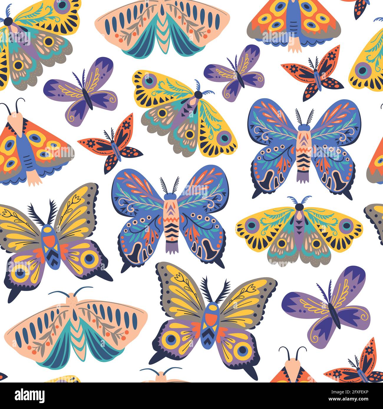 Cute seamless pattern with butterflies and moths. Doodle insect in ...