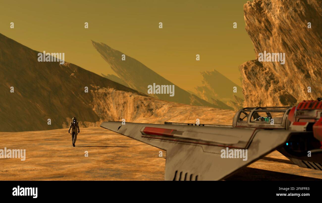 Space traveler exploring a new planet and facing alien flying creatures ...