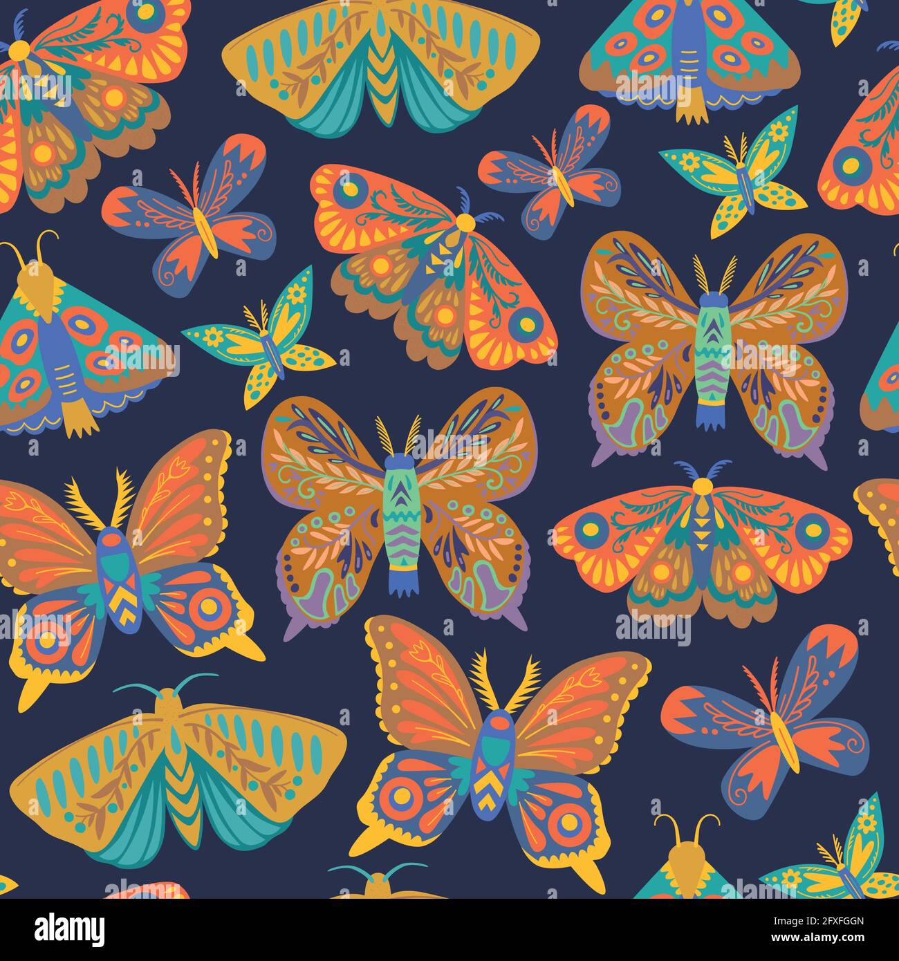 Cute seamless pattern with butterflies and moths. Doodle insect in ...