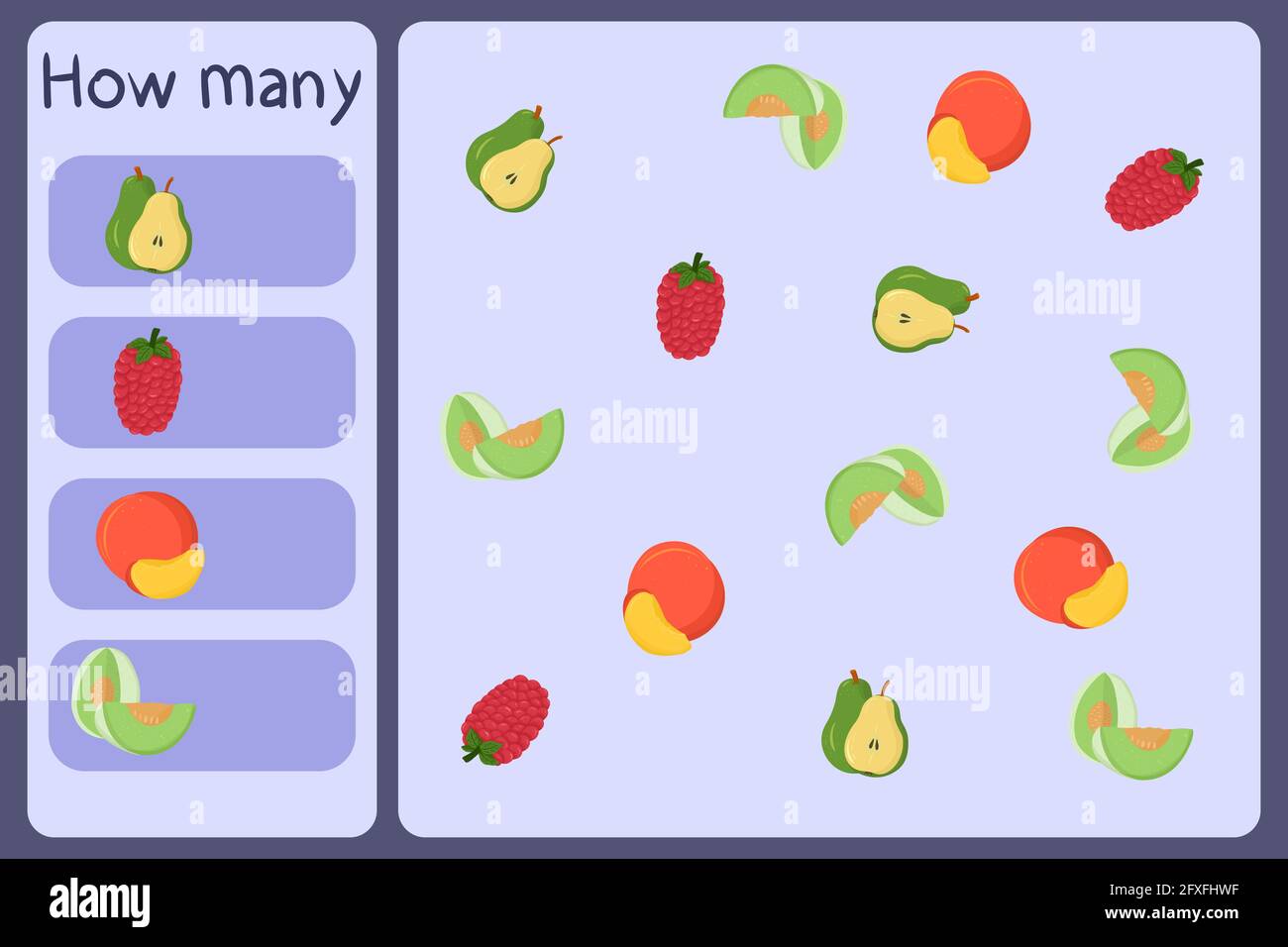 Kids mathematical mini game - count how many fruits - pear, raspberry ...