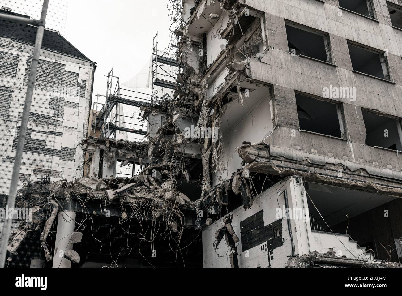 Fully destroyed wall of an obsolete building to be demolished ...