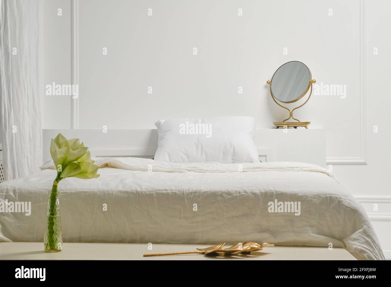 Side view of a bed with pillows in a loft room Stock Photo - Alamy