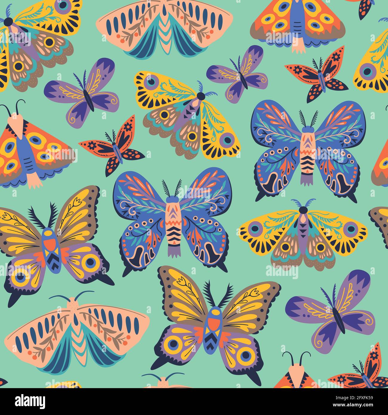 Cute seamless pattern with butterflies and moths. Doodle insect in ...