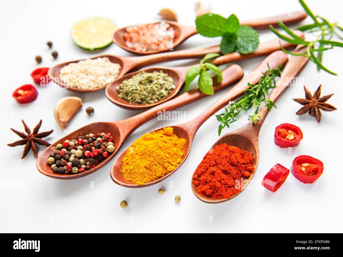 Various spices isolated on white background, top view Stock Photo - Alamy