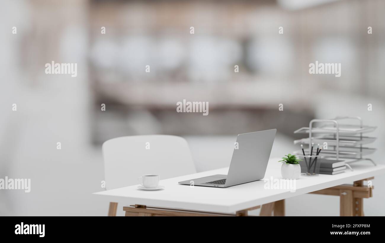 3D rendering, side view of office interior with minimal office desk ...